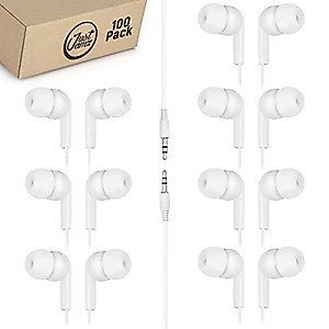 JustJamz Bulk Earbuds 100 Pack | Basic Ear Bud, Pearl White in-Ear Earbuds, Disposable Headphones, Class Set of Earphones for Students, Class, School, Kids, Classroom & Library