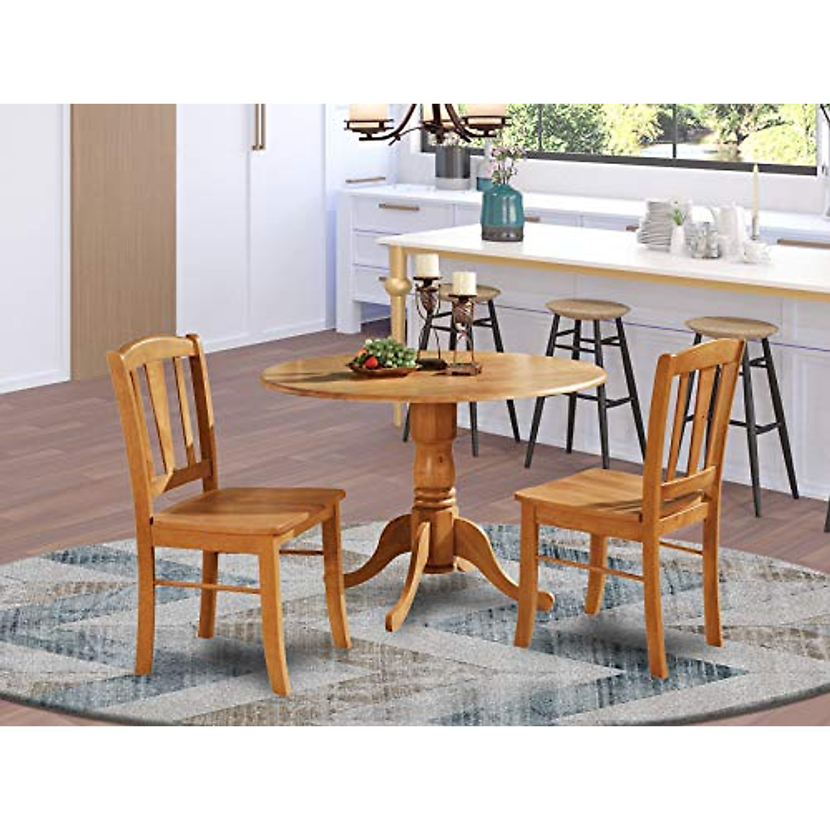 East West Furniture Dublin 3 Piece Set for Small Spaces Contains a Round Dining Room Table with Dropleaf and 2 Wood Seat Chairs, 42x42 Inch, Oak