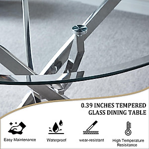 36" Round Dining Table for 4, Glass Kitchen & Dining Room Tables, Modern Circle Dining Room Table w/0.39" Tempered Glass Tabletop,Silver Finish Stainless Steel Legs for Dinner Small Space(No Chairs)