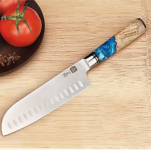 Dnifo Santoku Knife 7-Inch Japanese Style Chef Knife, Multifunctional Ultra Sharp High Carbon Stainless Steel Kitchen Chopping Knife, Ergonomic Logs & Resin Handle