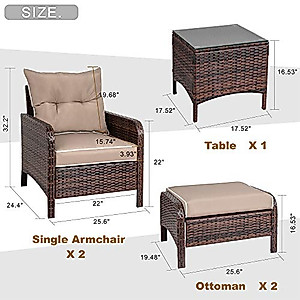 Vongrasig 5 Piece Wicker Patio Conversation Set, PE Wicker Rattan Outdoor Lounge Chairs Set of 2 with Soft Cushions, Ottomans and Glass Table for Porch, Garden, Brown