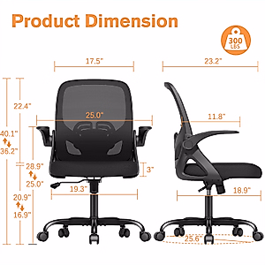 ORRSAKER Home Office Desk Chair with Supportive Lumbar Support and Flip up Arms, Breathable Double Mesh Ergonomic Home Desk Chair for Home or Work with Extended Height(Black)