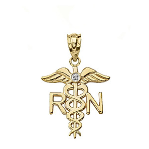 10k Yellow Gold Solitaire Diamond Caduceus RN Charm Registered Nurse Pendant