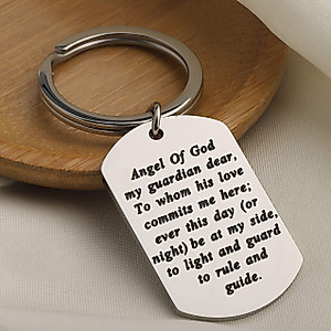 BEKECH Guardian Angel Keychain Angel of God My Guardian Dear Prayer Dog Tag Pendant Keychain Guardian Angel Protect Traveller Gift Religious Baptism Gift (silver)