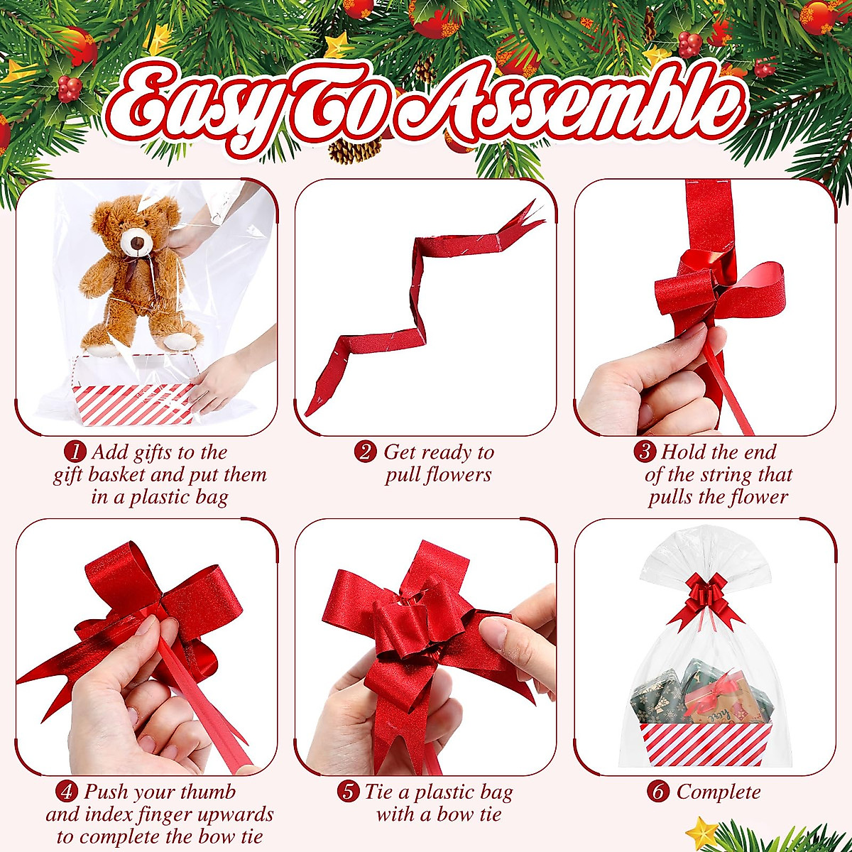 Wonderjune 12 Pcs Christmas Basket for Gifts Empty Set 9.8 x 8.3'' Large Empty Gifts Baskets to Fill,Red Candy Stripe Cardboard Basket with Handles Bows Plastic Bags for Xmas Party Holiday Decor