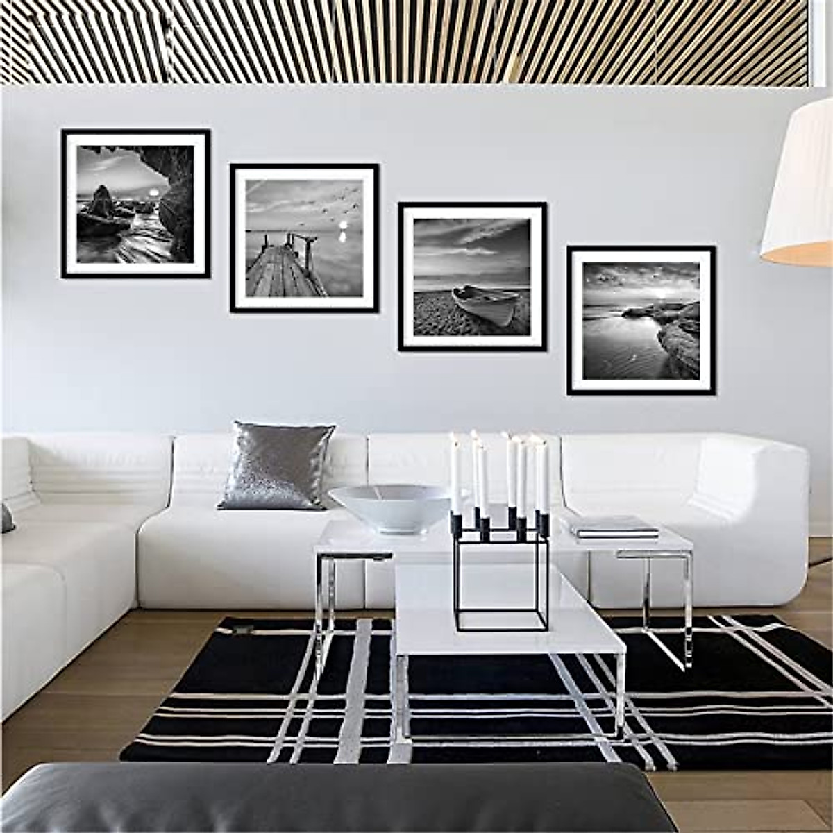 HZSYF Black And White Wall Art - 12x12 Inches Sea And Beach In Sunrise Prints Wooden Framed Pictures Seascape Artwork 4 Panels 12 x 12 Inch