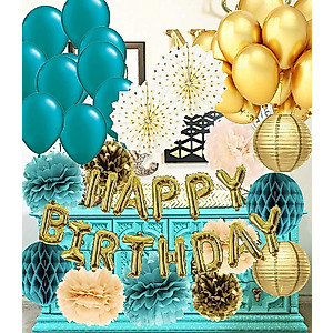 Teal Gold Birthday Decorations Women/Turquoise Teal Women Birthday Party Decorations Polka Dot Fans Teal Gold Balloons for Teal Gold Birthday Party Supplies
