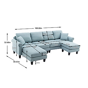 GODAFA Couch Modern U-Shaped Convertible Sectional Accent Sofa Upholstered in Polyester for Living Room,Light Blue