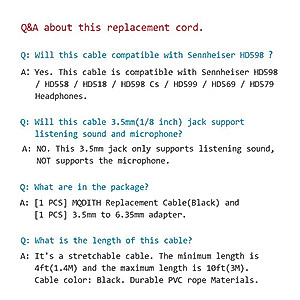MQDITH Replacement Audio Cable Compatible with Sennheiser HD598 / HD558 / HD518 / HD598 Cs / HD599 / HD569 / HD579 Headphones