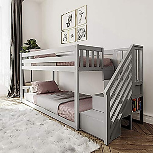 Max & Lily Low Bunk Bed, Twin-Over-Twin Bed Frame For Kids With Stairs, Grey