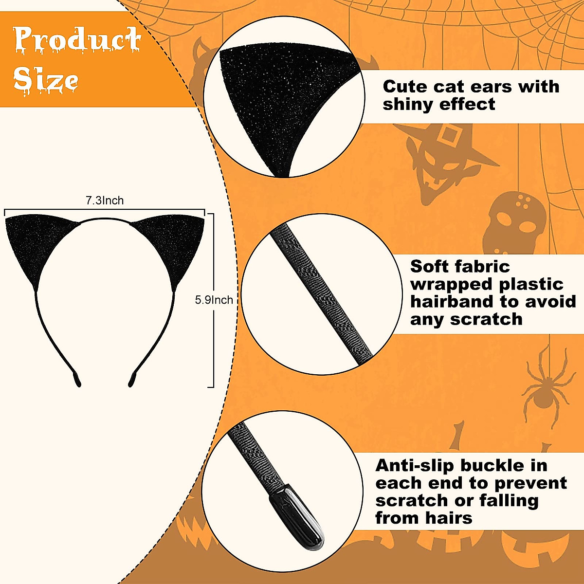 Cat Ears Headband for Women Girls, Halloween Cosplay Cat Costume Hair Accessories for Adult Kids Black