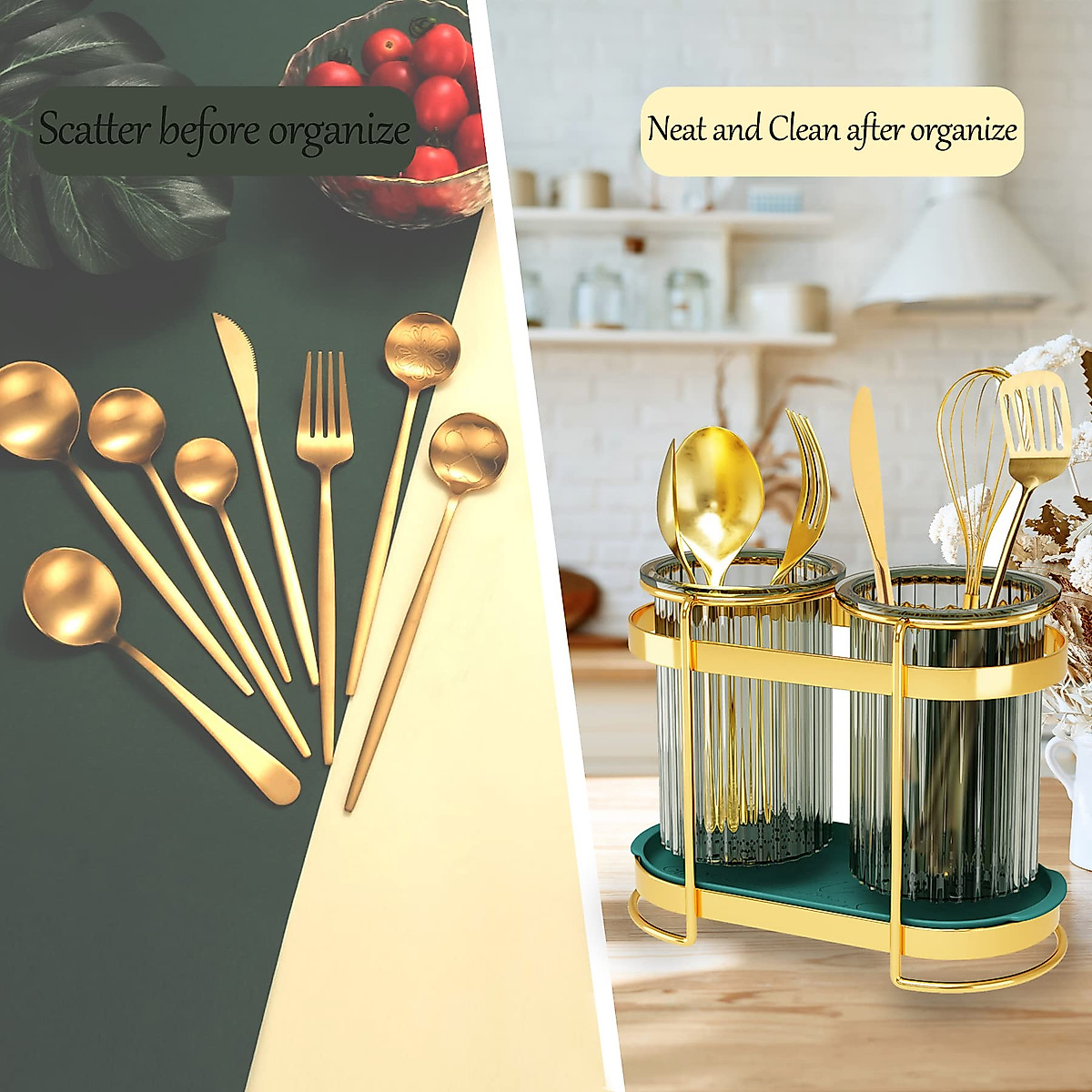 Zarnicy Kitchen Utensil Holder for Countertop - Cooking Utensils Silverware Caddy Organizer, Flatware Storage Cutlery Crock, Upgraded 2-Cups Drying Utensil Container With Drain Tray