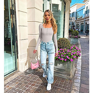 OQQ Women's 2 Piece Sexy Ribbed One Long Sleeve Button Square Neck Top BodySuit, Black,pumic Grey, Small