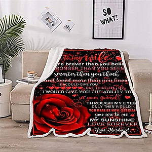 CYREKUD to My Wife Blanket,to My Wife Gifts from Husband Throw Blanket,Valentine Blanket Throw,Valentine Gifts for Women,Red Rose Valentine Day Gifts Blanket for Sofa Couch Decor 50"x 60"