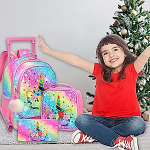 4PCS Rolling Backpack for Girls,Kids Unicorn Bookbag with Roller Wheels, Suitcase School Bag Set for Toddler Elementary