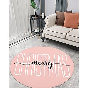 Merry Christmas Fluffy Round Area Rug Carpets 4ft, Plush Shaggy Carpet Soft Circular Rugs, Non-Slip Fuzzy Accent Floor Mat for Living Room Bedroom Nursery Home Decor Blush Pink Xmas Holiday