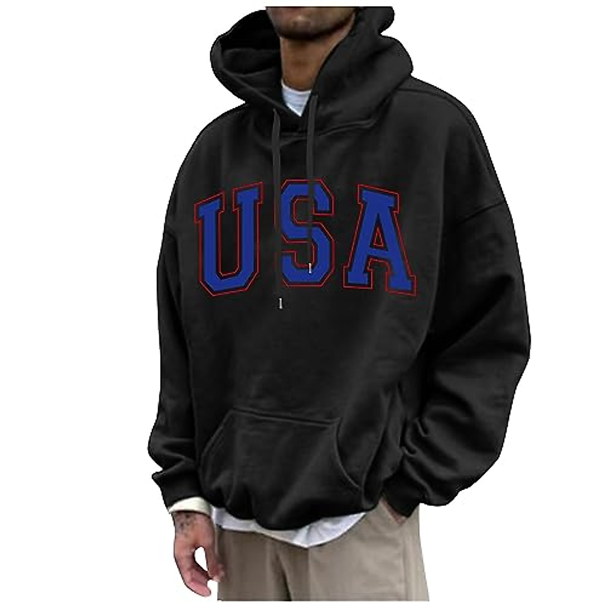 JWNYJFB Men's Fashion Hoodies & Sweatshirts Trendy Letter Graphic Print Long Sleeve Pockets Drawstring Hooded Sweaters Oversized Yoga Apparel Mens Sweatshirt Plus Size Golf Sweatshirt(Black,XL)