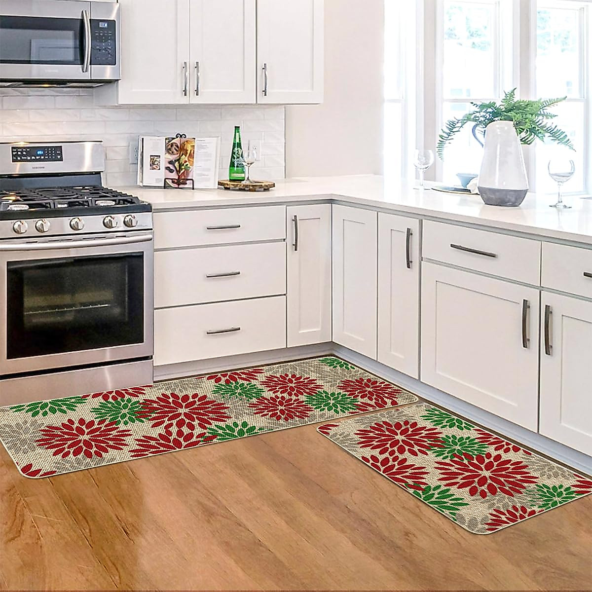 Artoid Mode Red Green Dahlia Floral Boho Christmas Kitchen Mats Set of 2, Winter Home Decor Low-Profile Kitchen Rugs for Floor - 17x29 and 17x47 Inch