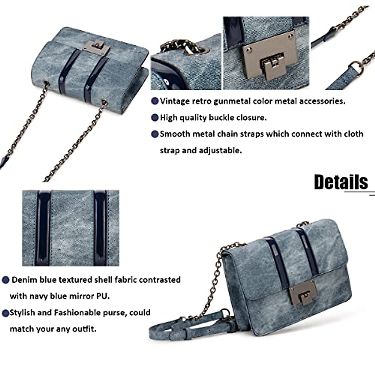 ROYALFAIR Small Denim Blue Women Purse Clutch Retro Small Shoulder Bag for Teenager girls Color Contrast Handbag (Denim Blue)