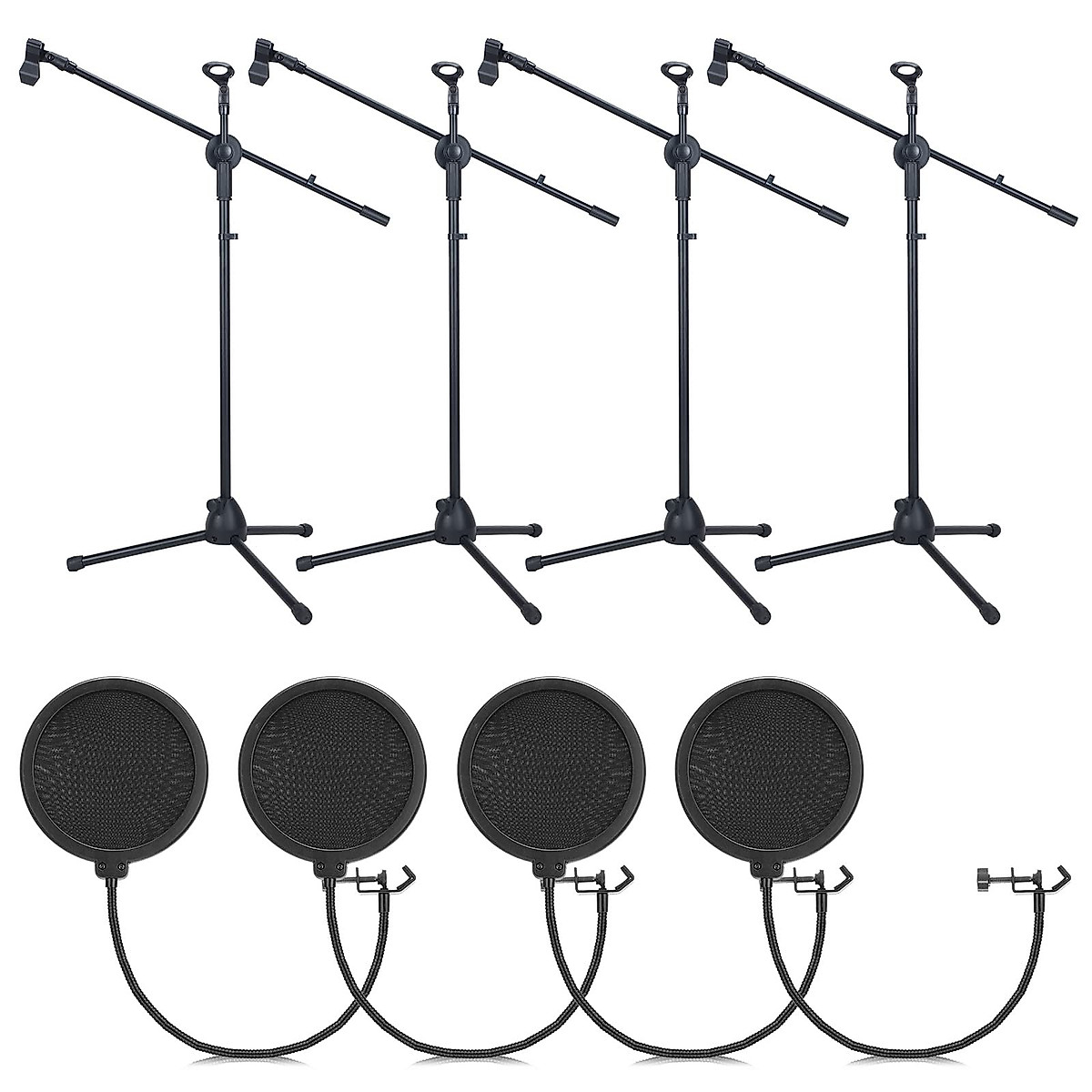 4 Pcs Tripod Microphone Stand Adjustable Boom Height Mic Stand with Mic Clip and Windscreen Collapsible Overhead Boom Stand for Live Stream, Singing, Stage Performance, Studio, Max Height 60 Inch