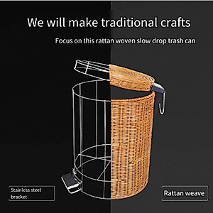 Round wicker dustbin with cover, hand-woven foot-type dustbin, separated dustbin in office and living room, waste paper basket, slow-drop dustbin in kitchen and toilet, mobile dustbin(12L, Yellow)