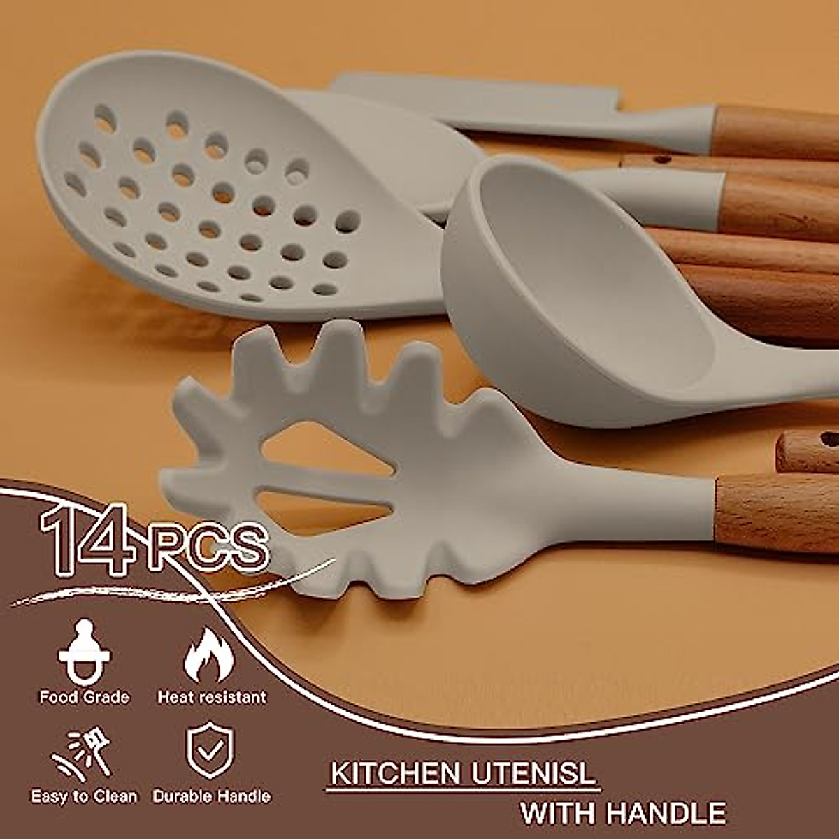 Kitchen Cooking Utensils Set, 14 PCS (Khaki)