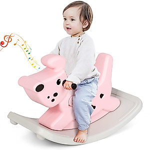 BABY JOY Kids Rocking Horse,Ride-on Horse for Toddlers with Music & Lights, HDEP Ride Animal Dog Rocker for Indoor & Outdoor,Boys & Girls Rocking Toy for Age 6 Mons Up (Pink)