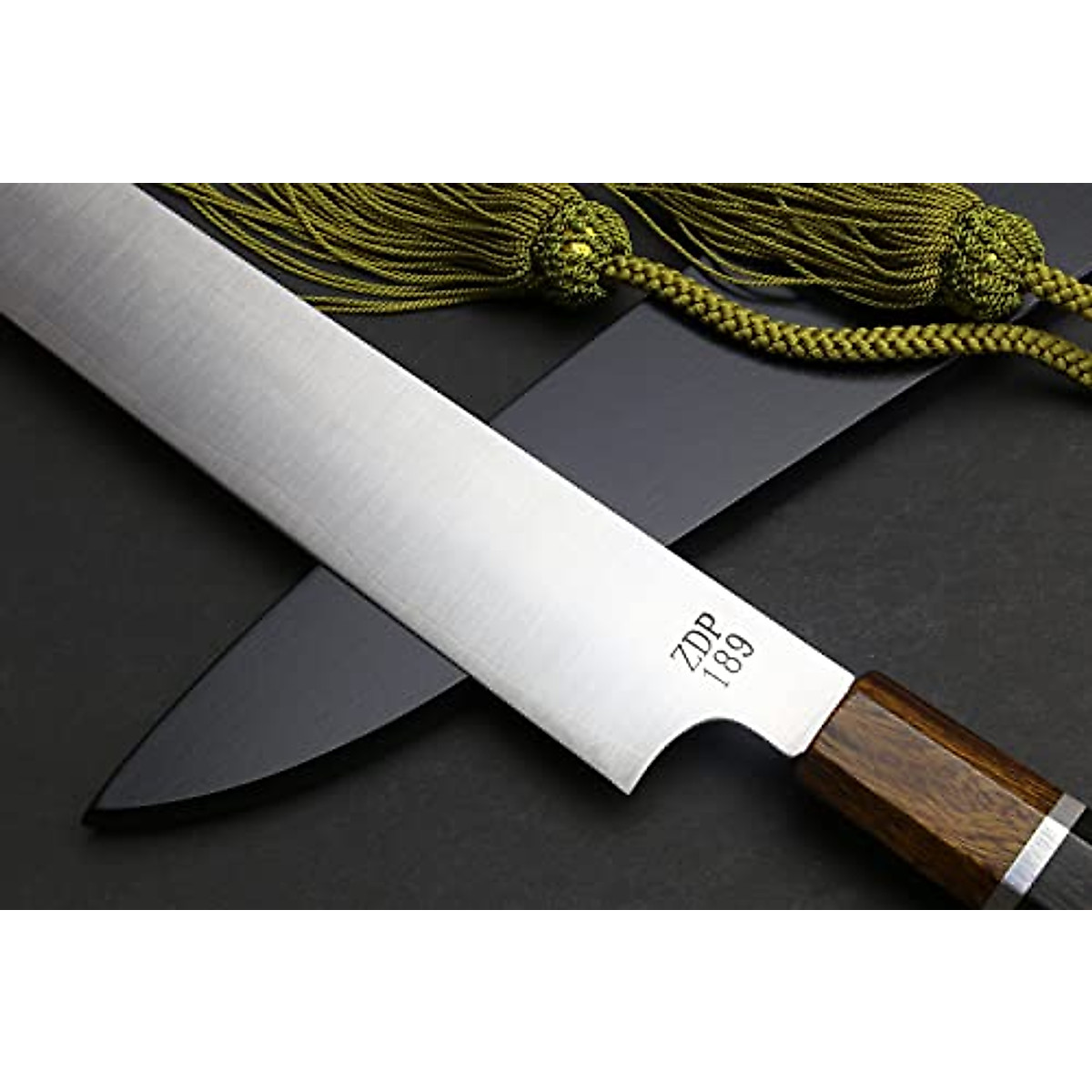 Yoshihiro TM-Hayate ZDP-189 Super High Carbon Stainless Steel Sujihiki Kiritsuke Knife Octagonal Ebony Wood Handle with Sterling Silver Ring (9.5" (240mm))