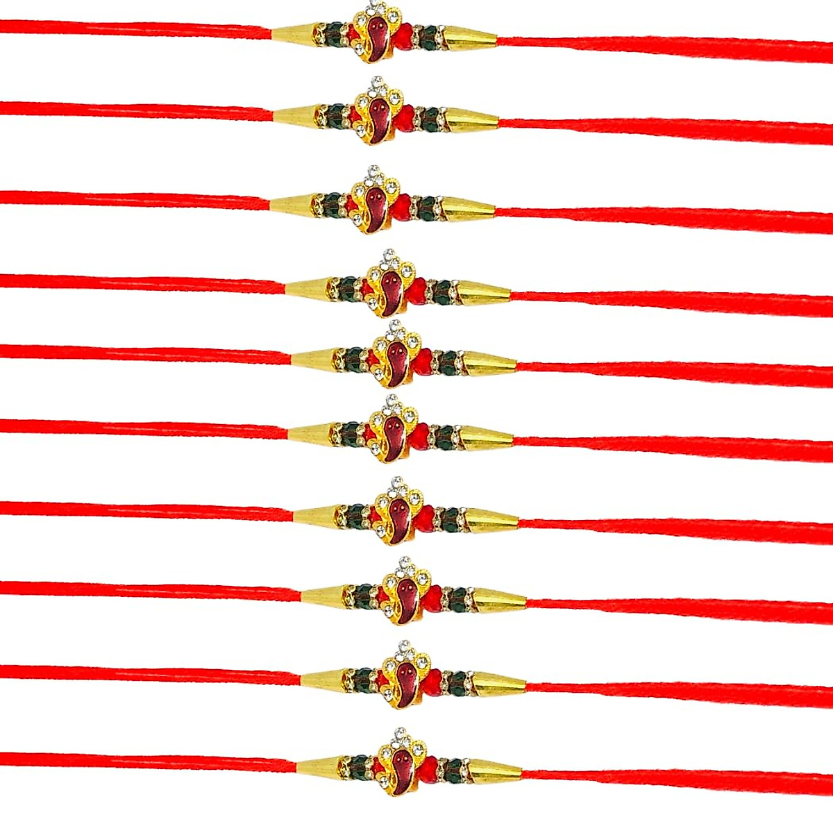 KHANDEKAR Set of 10 Pc Ganpati Pendant Rakhi for Brother Bhaiya Bhabhi Traditional Handmade Premium Quality Designer Rakhi Set with Roli Chawal, Rakhi Thread Rakhdi Bracelets