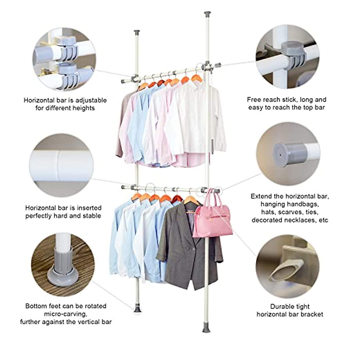 Adjustable Clothing Rack, Double Rod Clothing Rack, 2 Tier Clothes Rack, Adjustable Hanger for Hanging Clothes, White Clothing Rack, Heavy Duty Garment Rack, Closet Rack, Freestanding, 220Lbs
