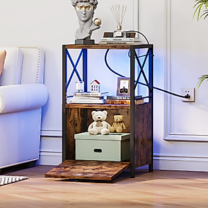 Homeiju Nightstand with Charging Station and LED Light, End Table with Large Drawers and Open Shelf, Side Table with USB Ports and Outlets, Bed Stand End Table for Bedroom, Rustic Brown