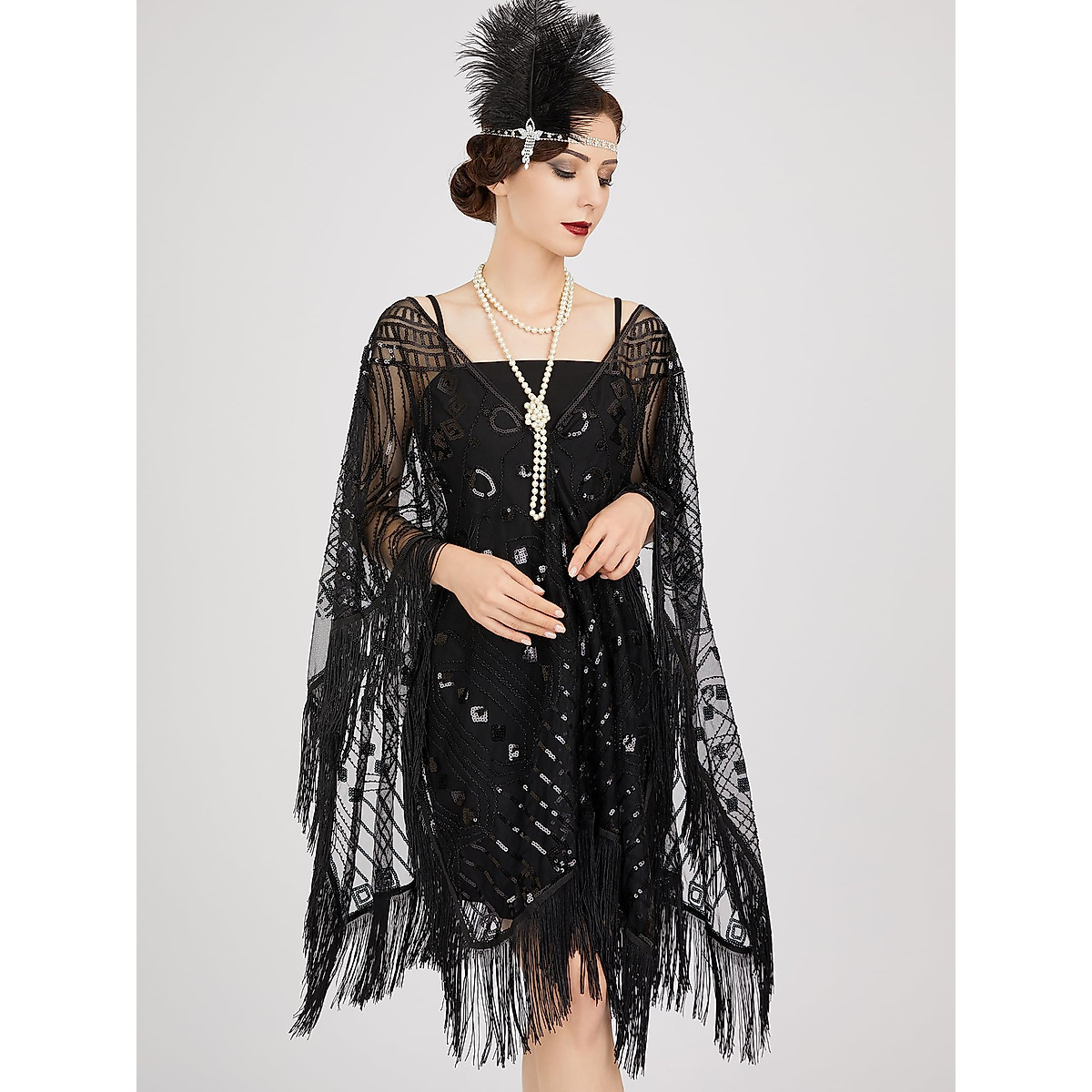 SWEETV Women's 1920s Shawl Wraps,Sequin Fringe Flapper Evening Shawls for women Formal/Party/Wedding/Formal/Harlem night,1920s Accessories for Women,Black 2