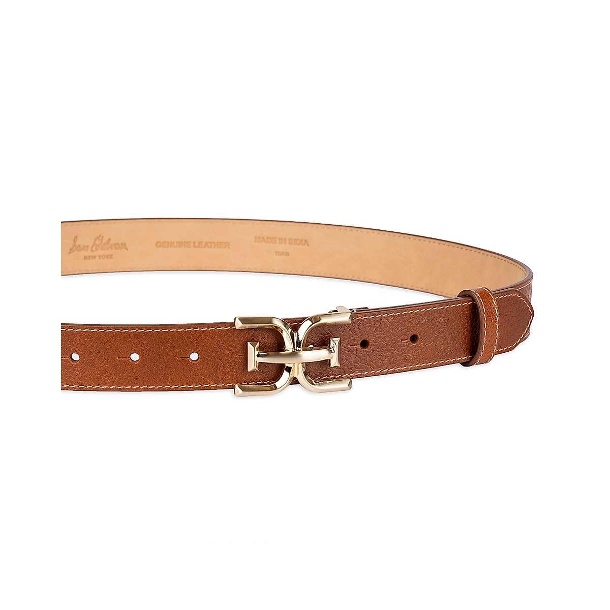 Sam Edelman Women's Slim Stitched Edge Double-E Plaque Buckle Belt, Saddle, Medium