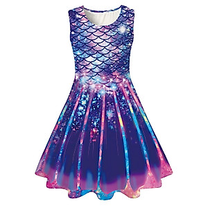 Funnycokid Girls Mermaid Dresses Summer Sundress Kids Sleeveless Outfit Birthday Dress Size 6 Size 7 Spring Twirl Clothes 6-7 Years