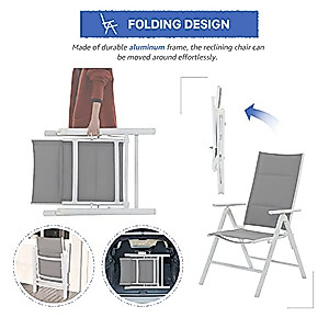 Soleil Jardin Folding Patio Chairs Set of 4, Aluminum Portable Reclining Lawn Chairs with Adjustable High Backrest & Soft Padding, Outdoor Dining Chairs for Porch Pool Yard, No Assembly, White & Gray