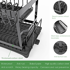CHIACHIA Dish Drying Rack for Kitchen Counter, 2 Tier Dish Drying Rack with 2 Drainboard, Dish Rack and Drainboard Set with Knife and Fork Holder, Black Carbon Steel Large Capacity Dish Drainer