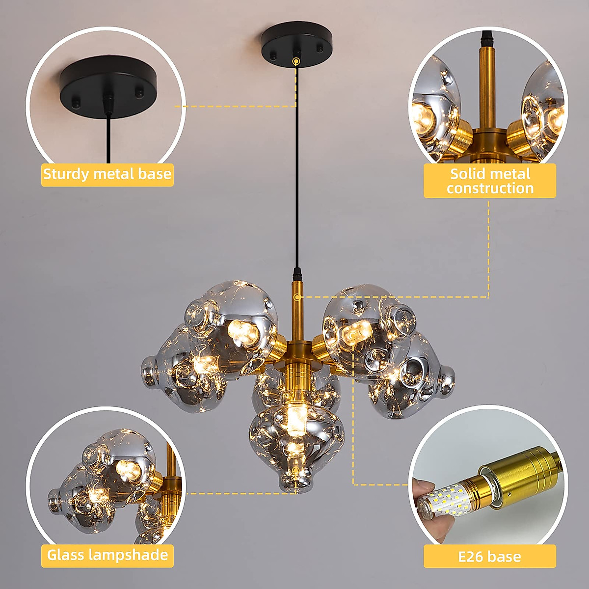 KELUOLY 6-Light Glass Chandelier, Mid Century Globe Black and Gold Hanging Ceiling Light, Smoke Grey Vintage Hanging Pendant Light for Bedroom Dining Room Kitchen Farmhouse Living Room