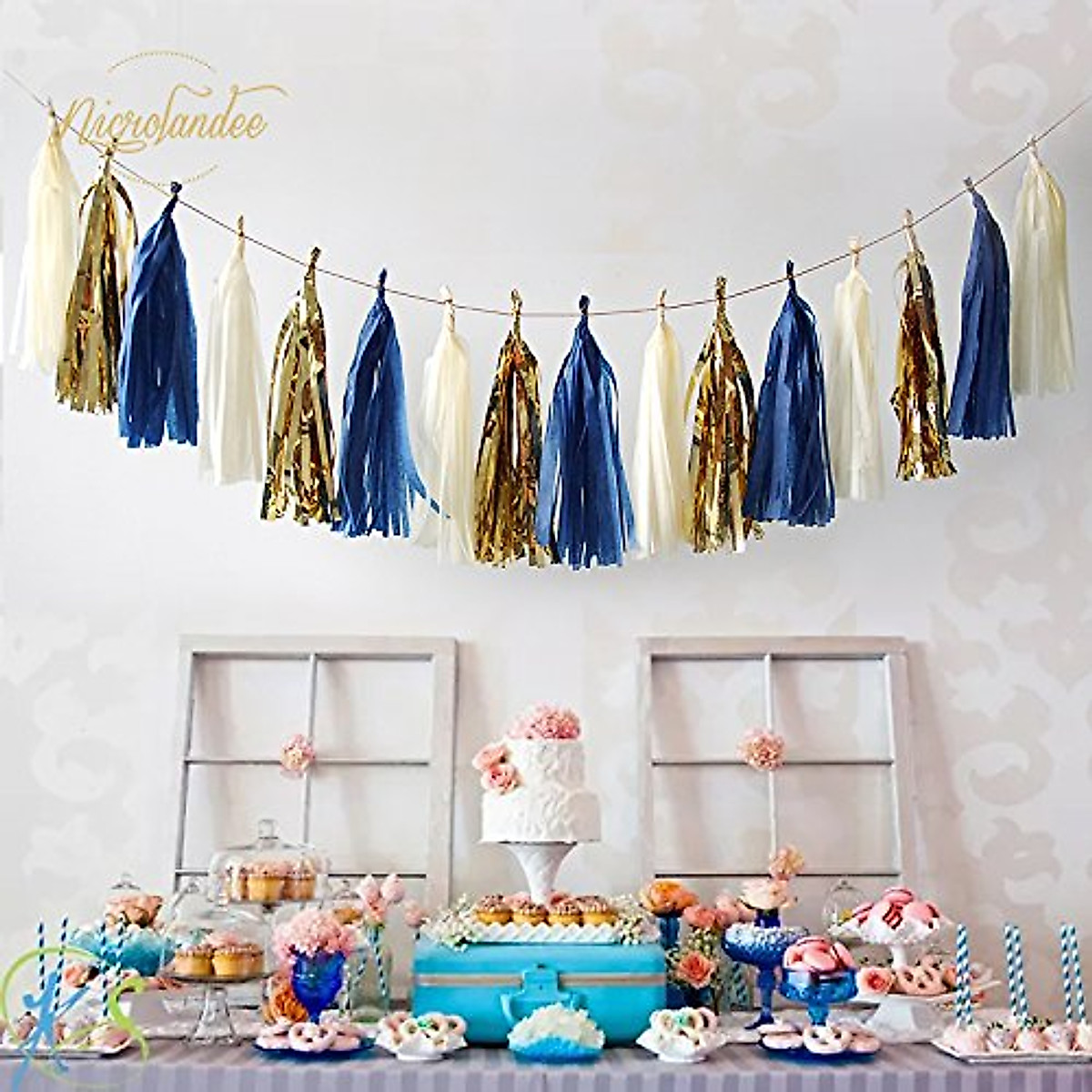 Nicrolandee 15 Pcs Navy Blue Tissue Paper Tassel Garland Gold Foil Art Party Garland for Wedding Engagement Baby Shower Bridal Shower Nautical Birthday Bachelorette Party Decor