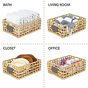 mDesign Water Hyacinth Open Weave Household Basket with Built-in Chalkboard Label for Storage in Bedroom, Bathroom, Office - Hold Clothes, Blankets, Linens, Accessories, 3 Pack - Natural/Tan