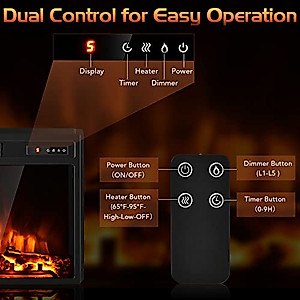 COSTWAY 18-Inch Electric Fireplace Inserts, 1500W Freestanding Recessed Fireplace Heater with Remote Control, Adjustable Flame Effect and Temperature, 9H Timer, Electric Fireplaces for Home Indoor Use