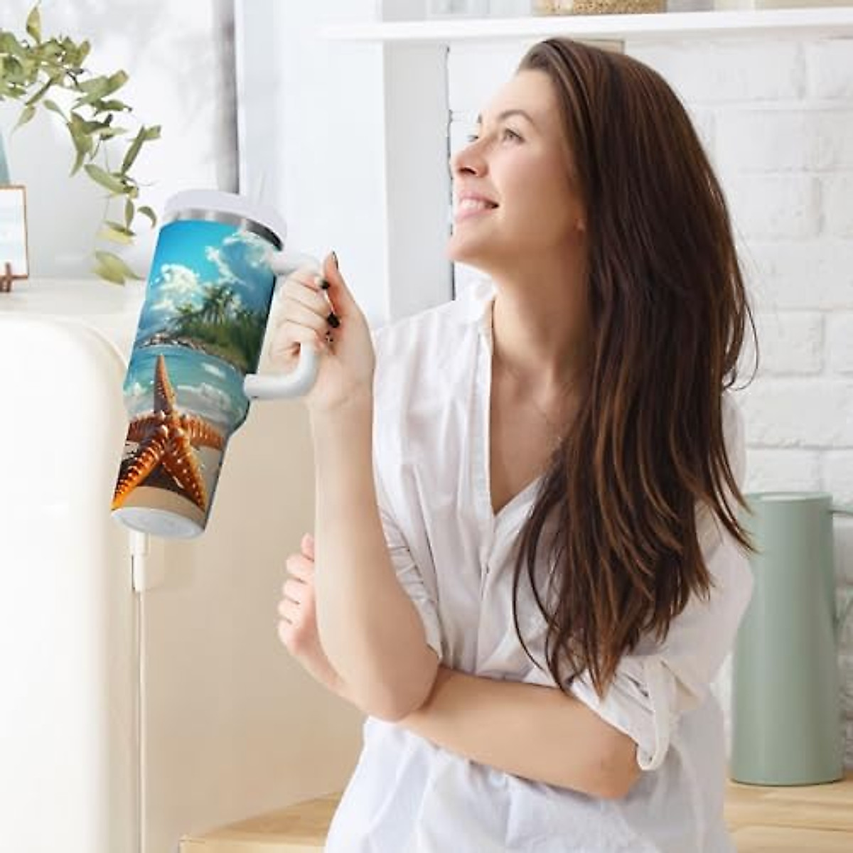 Jihqo Starfish on Seaside Beach 40 oz Stainless Steel Vacuum Insulated Tumbler with Handle and Straw Lid, Leakproof Water Bottle Double Wall Travel Mug Coffee Cup, Cupholder Friendly