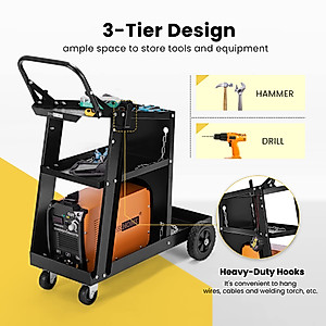 VIVOHOME Iron 3 Tiers Rolling Welding Cart with Upgraded Wheels and Tank Storage for TIG MIG Welder and Plasma Cutter Black