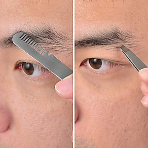 HANTEKAS Professional Stainless Steel Curved Rounded Facial Hair Scissors Tweezers Set For Men Moustache, Nose Hair, Beard Trimming Scissors,Safety Use for Eyebrows,Eyelashes,Ear Hair - PU Leather Bag