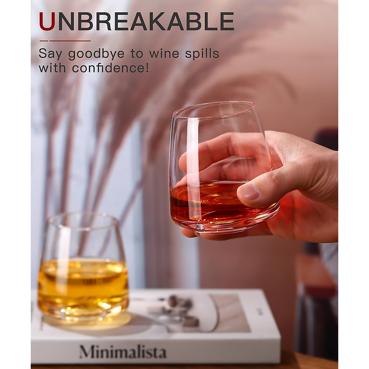 Stemless Wine Glasses Set of 4-15 oz Clear-Modern Hand-Blown Wine Glasses, European Design Crystal Glass For Red & White Wine, Unique Gifts for Wedding, Birthday，Christmas