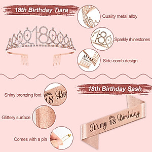 HJINGY 18th Birthday Decorations for Girls, Rose Gold Party Decorations Include Balloons, Backdrop, Curtains, Banner, Sash, Crown, Tablecloth, Plates, Cake Toppers for Women Girls Princess Queen Party