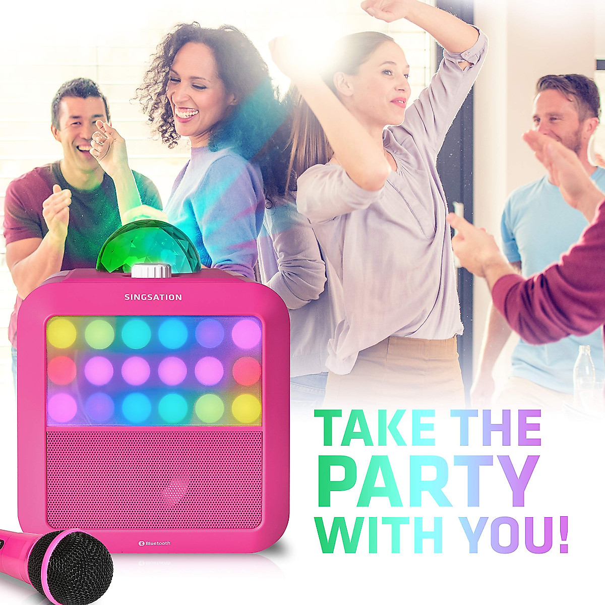 Singsation Star Burst Portable Karaoke Machine, Bluetooth, Room-Filling Light Show with 10 Light Functions, 6 Amazing Sound Effects, 2 Microphones Included for Duets, Pink