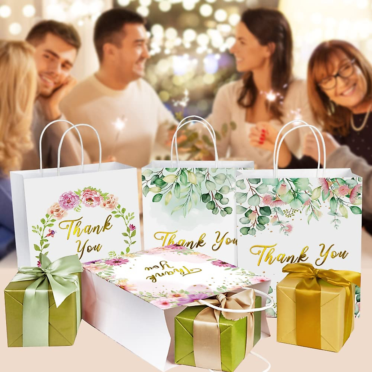 OurWarm 24 Pack Thank You Gift Bags Medium Size with Gold Foil, Floral Design White Paper Bags with Handles Bulk, Thank You Bags for Wedding Bridal Party Baby Shower Birthday Gift Bags, 8 X 4 X 10 IN