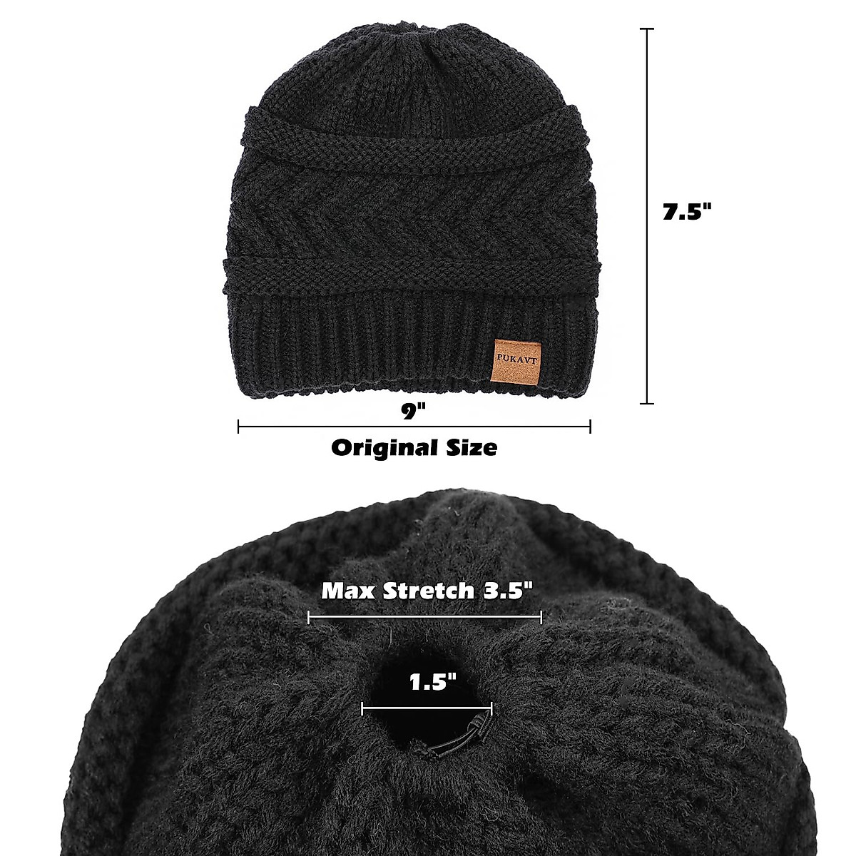 Pukavt 1 Pack Winter Hat Ponytail Beanie Hat for Women，Soft Stretch Cable Knit Messy Bun Beeanie,Trendy and Warm Black