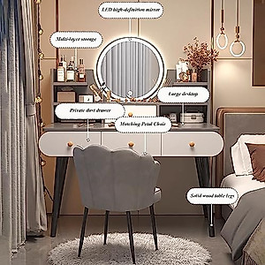 Vanity Set with Lighted Mirror | Makeup Table with Storage Shelf and Drawers | Vanity Desk with Comfortable Chair | 3 Color Lighting Modes Adjustable Brightness