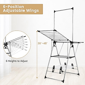 Tangkula 2-Layer Stainless Steel Drying Rack, Foldable Laundry Drying Rack w/ 1 Hanging Bar & 2 Height-Adjustable Wings, 23 Drying Rails, Netting Drying Rack, No Assembly Required